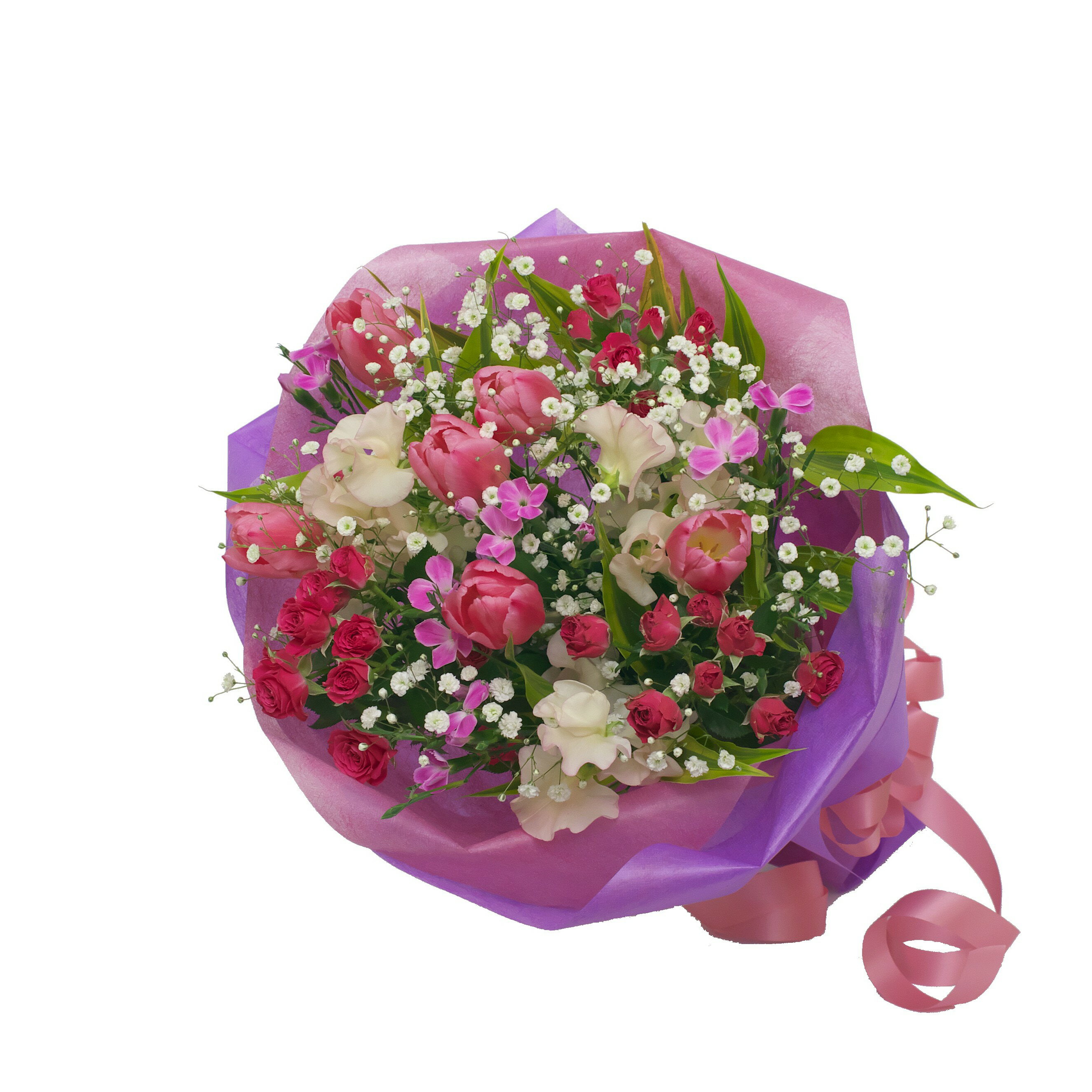 ギフト対応 ☆---　商品情報　---☆ ■商品名（品番） フェアリーリップ（EH-018) ■サイズ・形式 約L50×W30cm 花束 ■商品紹介 ピンク系のチューリップが入った、春ならではのかわいい花束です！ ■ご注意事項 1.掲載写真...