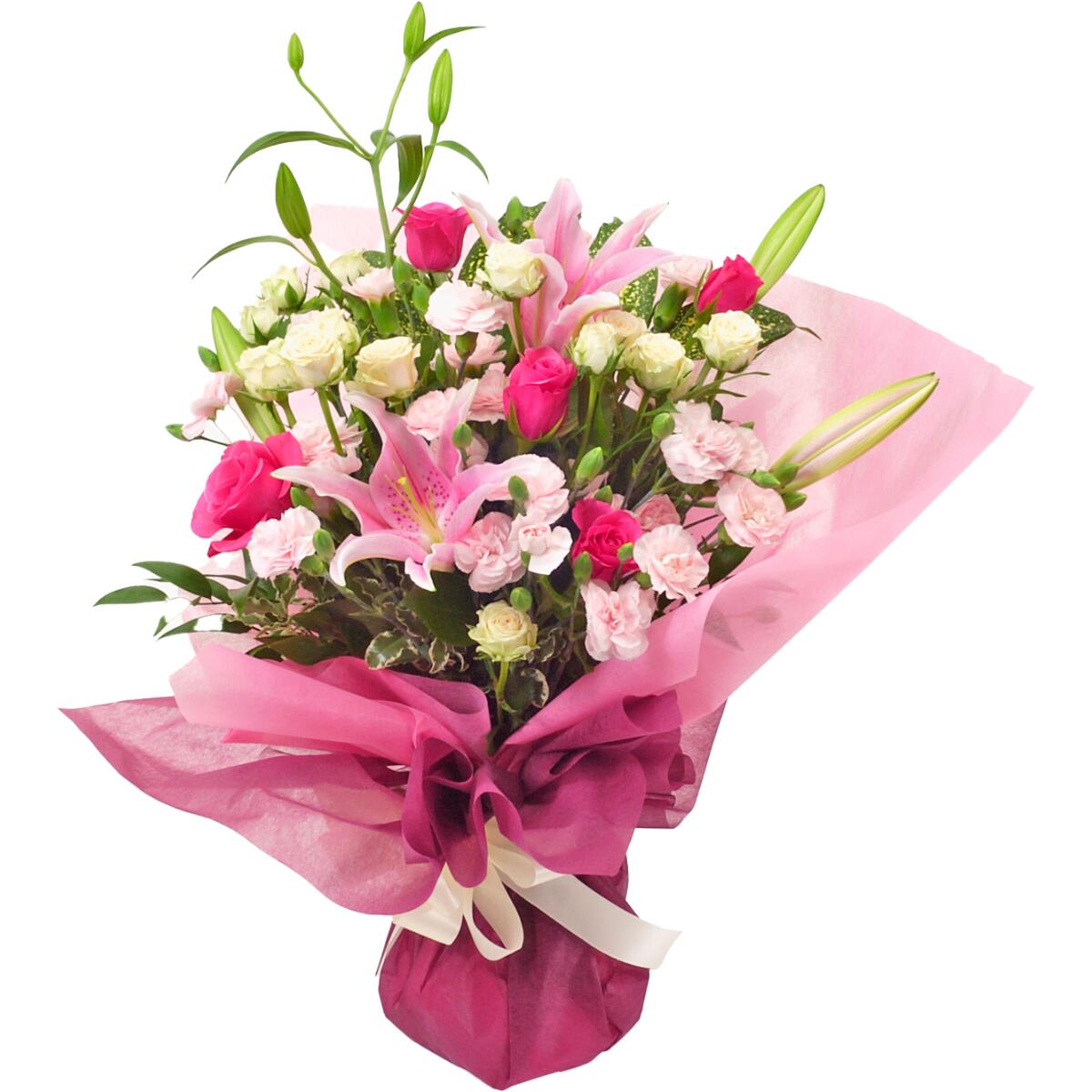 ギフト対応 商品情報 ■商品名（品番） ワンダフルガール（ES-011) ■サイズ・形式 約L60×W40cm　花束 ■商品紹介 ピンクのお花がお好きな方へおススメ！ピンクカラーの花束は幅広いご用途にご利用頂けます♪ イメージ画像では百合や...