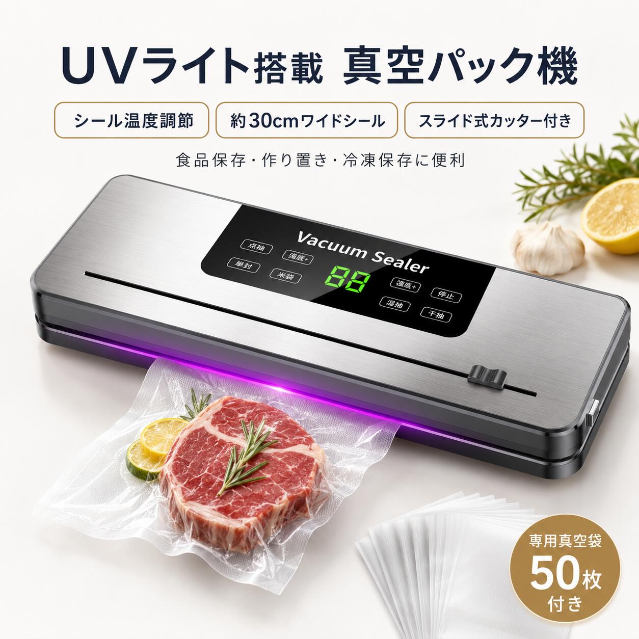UVライト搭載 真空パック機 シール温度調節対応・約30cmワイドシール・スライド式カッター付き 食品保存・作り置き・まとめ買い・冷凍保存に便利な家庭用真空パック機です。 商品の特徴 UVライト搭載 使用中にUVライトが点灯し、毎日の食品保...