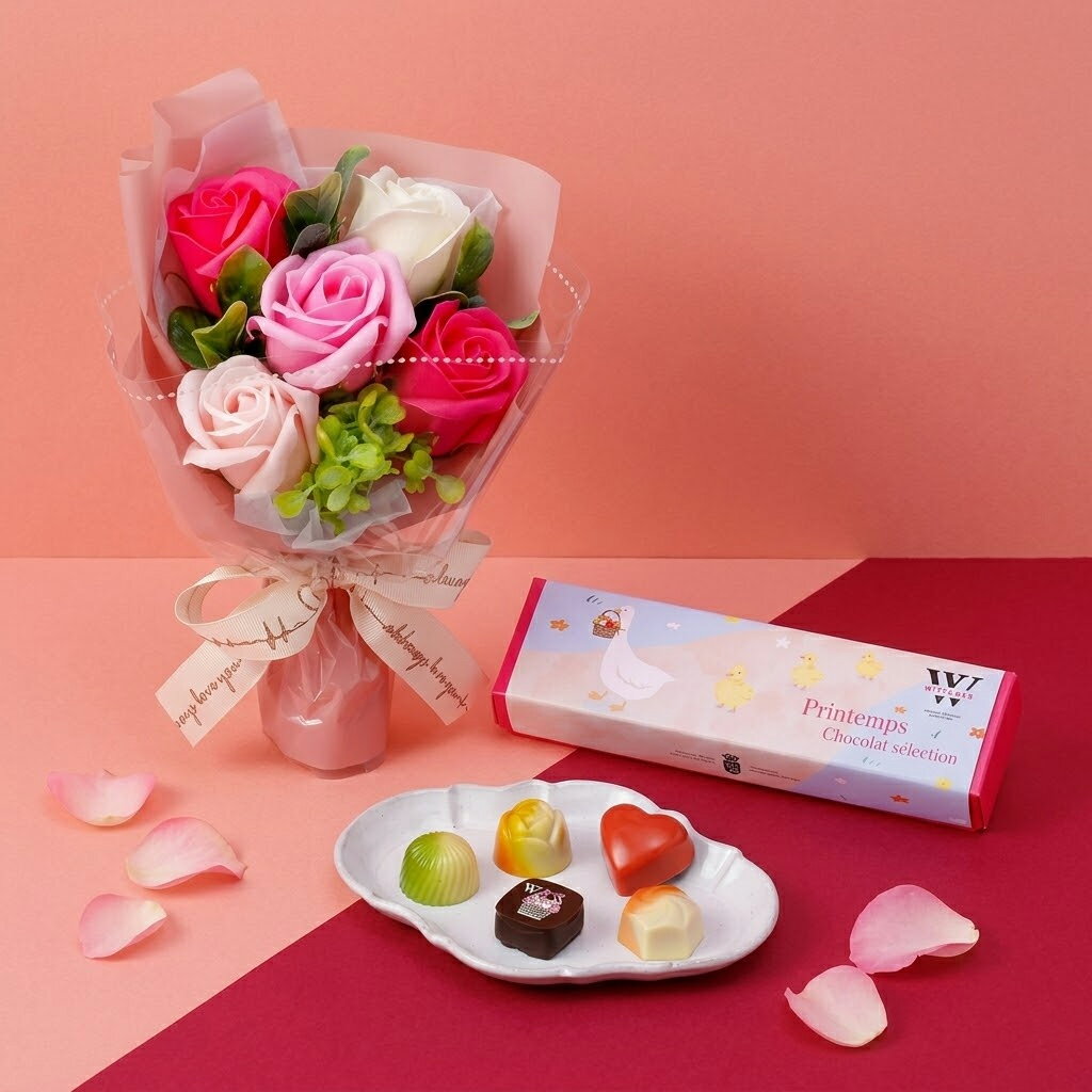 商品名 母の日 花とお菓子セット 2026 プランタン ショコラセレクション 5粒入 ヴィタメール 卒業祝い 入学祝い ギフト スイーツ ＆ ソープフラワー セット 枯れない花 チョコレート お祝い お返し 内祝い 花束 ブーケ おしゃれ ...