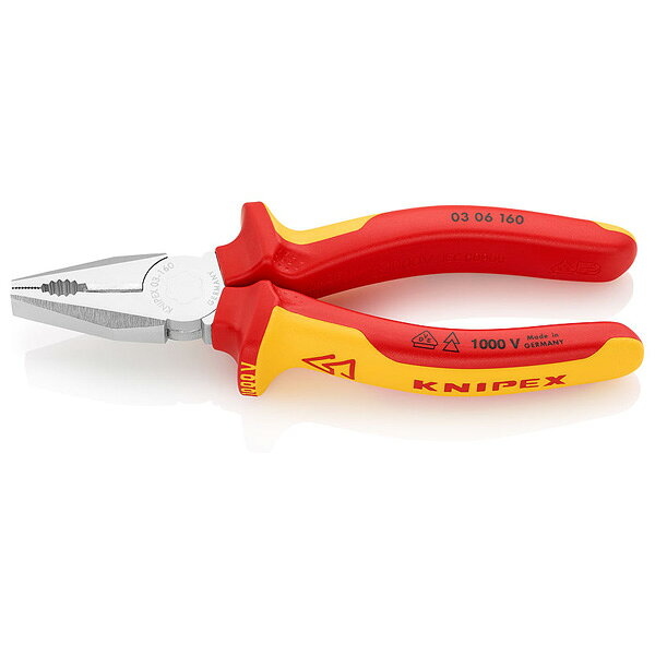 KNIPEX・クニペックス コンビネーションプライヤー 絶縁 1000V 0306-160プライヤーのスペシャリスト！平材および丸材のグリップゾーンがあり、様々な用途に使えます。軟線および硬線用の切刃付き比較的厚いケーブルを切断するための長...