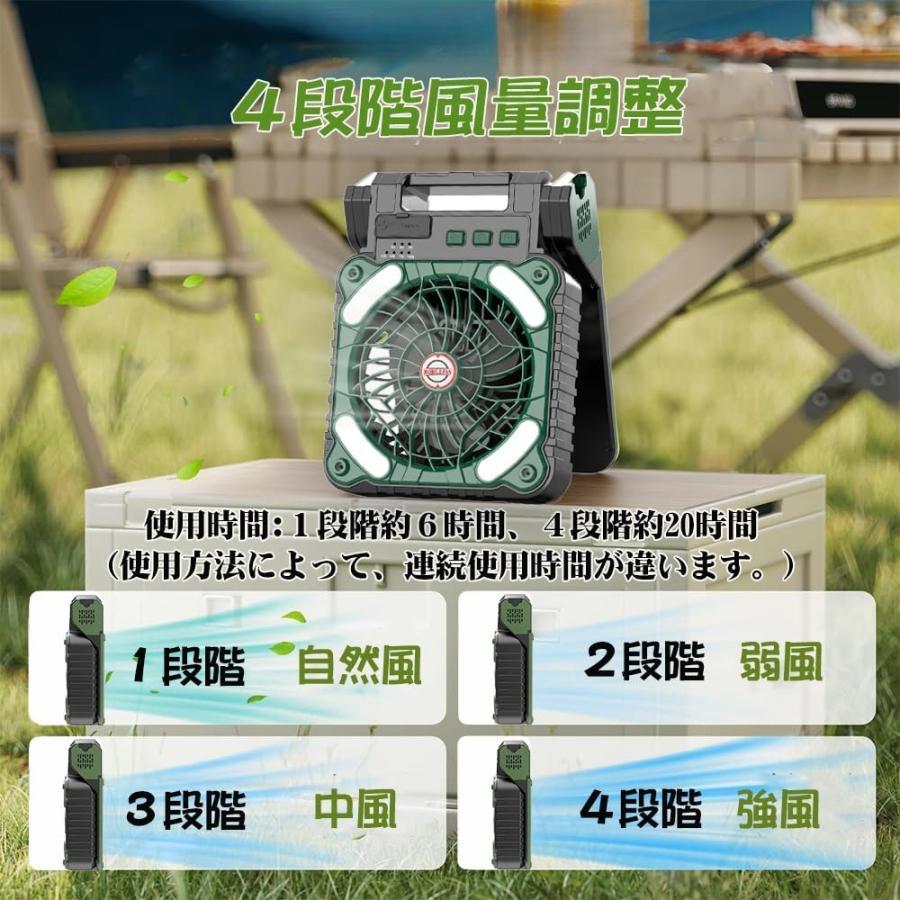 商品情報機能:軽量, タイマー, LEDライト, ソーラー充電バッテリー容量：10000mah。充電方法:USB充電/ソーラー充電。風量:4段階調整。ライト:3段階調整。タイマー切り:2H/4H/8H。サイズ:23*17.5*7.5cm角度...
