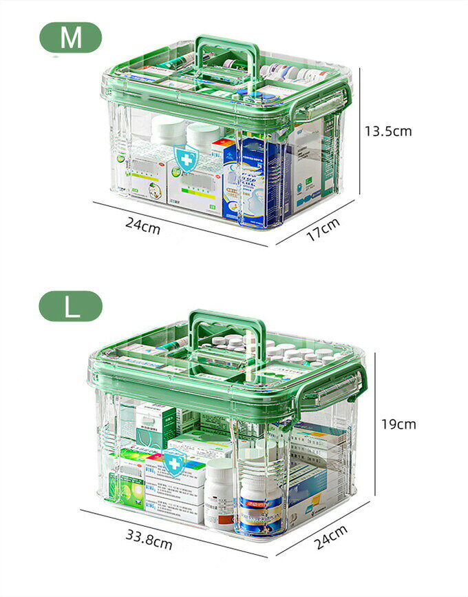 商品詳細カラー：透明色　透明グリーン　ホワイトサイズ：M/L/XLM：24cm*17cm*13.5cmL：33.8cm*24cm*19cmXL：39cm*27.5cm*22cm素材：PP商品説明：【収納力抜群】医療品や常備薬をすっきり収納す...