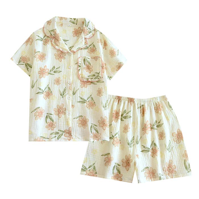 商品 パジャマ 素材 ガーゼ綿 サイズ M　着丈66cm　肩幅40cm　バスト98cm　パンツ丈40cm　ヒップ102cm　体重目安42.5-57.5kg L　着丈68cm　肩幅42cm　バスト104cm　パンツ丈41cm　ヒップ108cm...