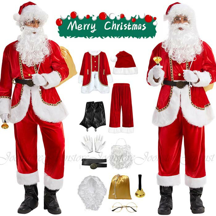 商品 サンタ コスプレ衣装 内容 【11点セット】 上着、ズボン、帽子、ヒゲ、手袋、ベルト、靴カバー、プレゼント袋、メガネ、ウィッグ、鈴 素材 ポリエステル サイズ S/M L/XL 2XL/3XL 4XL/5XL ご了承いただきたいこと：...