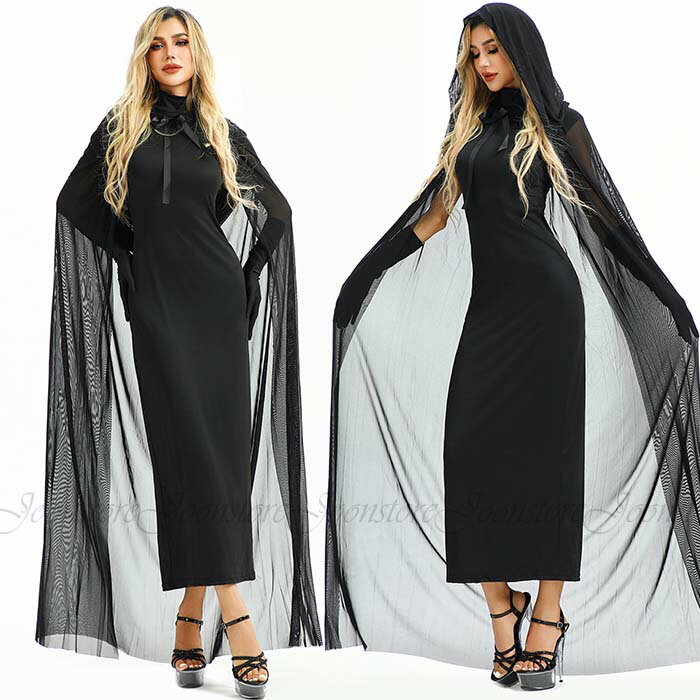 商品 ハロウィン コスプレ衣装 素材 ポリエステル セットの内容 3点セット:ワンピース+マント+手袋 サイズ S　ワンピースの着丈131cm バスト76-86cm ウエスト66-74cm マントの丈150cm M　ワンピースの着丈132c...