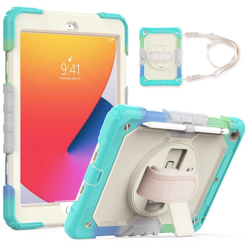 iPad ケース 2019 Lively ouse 保護 フィルム付き iPad 第7世代 ケース 回転 ハンドホルダー スタンド 肩掛けー ストラップ 三層 耐衝撃 防塵 丈夫 キッズ 子供