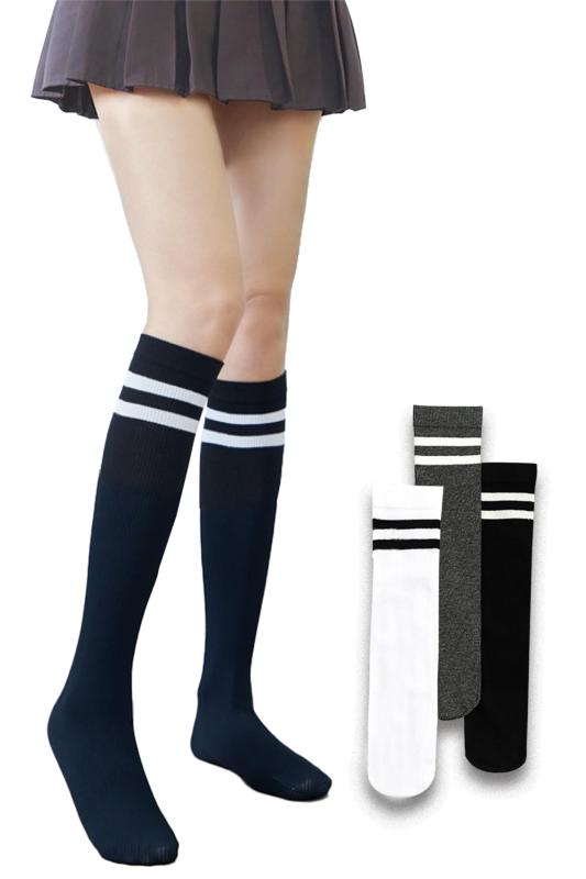 [ARCADY] ニーハイソックス ハイソックス 柄と長さが選べる 靴下 ニーハイ キッズ 女の子 通学 白 黒選べる柄と長さ4タイプ 柄「定番の無地のクラシックなカラー」か「ほどよくカジュアルなダブルライン付き」 × 長さ「ハイソックス」...