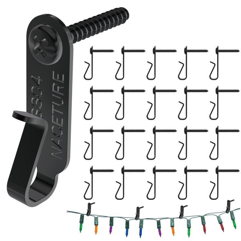 20パックのライトハンガーフック - クリスマスライトやLEDライトワイヤー、LEDフェアリー、ライト用のステンレス製スクリュークリップ、ライト用のガターフック、パティオ用のメタルスト🏠 EY TO INSTALL – In...