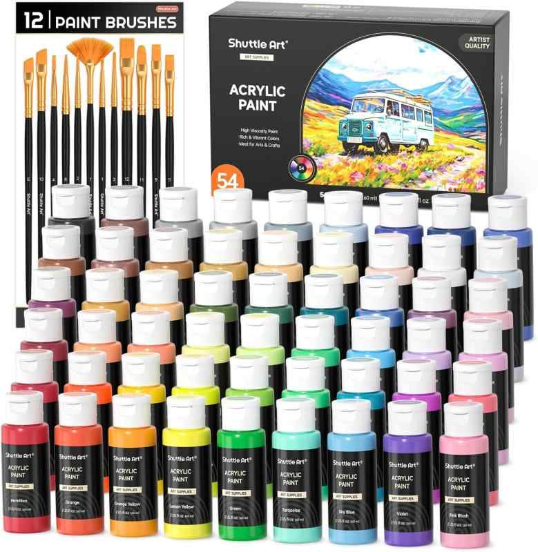アクリル絵の具 セット 筆12本付き 絵の具セット 大容量 60ml 速乾 耐水 耐久 伸びがいい 鮮やか メタリック 蛍光色 ボトル イラスト 塗り絵 クラフト DIY手作り トールペイント キャ