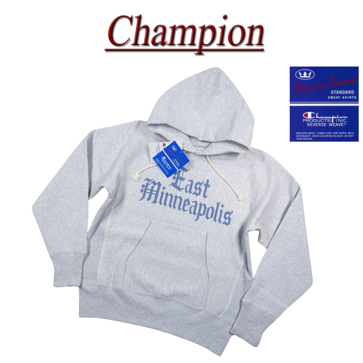 新品未使用 【Champion】11.5oz リバースウイーブ 青単タグ USAコットン 染み込みリント プルオーバー スウェットパーカー C3-C112 素材表示 本体 綿 90% ポリエステル 10% コメント 新品未使用 【Champ...