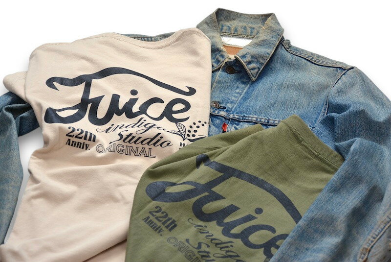 アイテム紹介 大人気のJUICE INDIGO STUDIO オリジナルロゴグラフィック JUICE indigo studio 22th Anniversary　記念Tシャツが復刻 掲載商品は出来るだけ現物と同じ色味になるよう撮影しており...