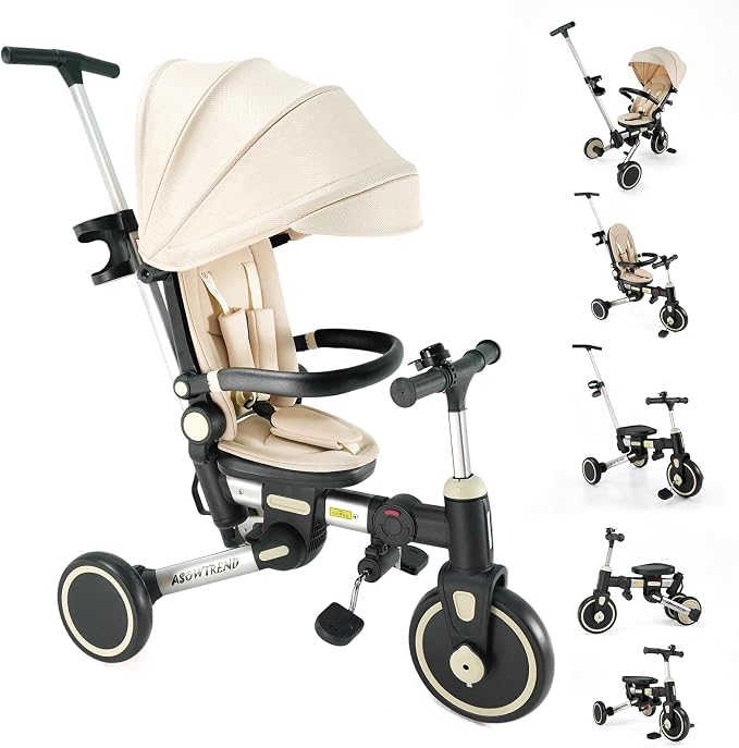 ASOWTREND 子供用三輪車 7in1 折りたたみ 手押し棒付き ステップ付き 三輪車｜ 1歳〜3歳対応 自転車 乗用玩具 キッズバイク｜ コンパクト収納 ペダルロック 安全バー 日よけカバー付き｜ おもちゃ プレゼント お祝い ギフト...