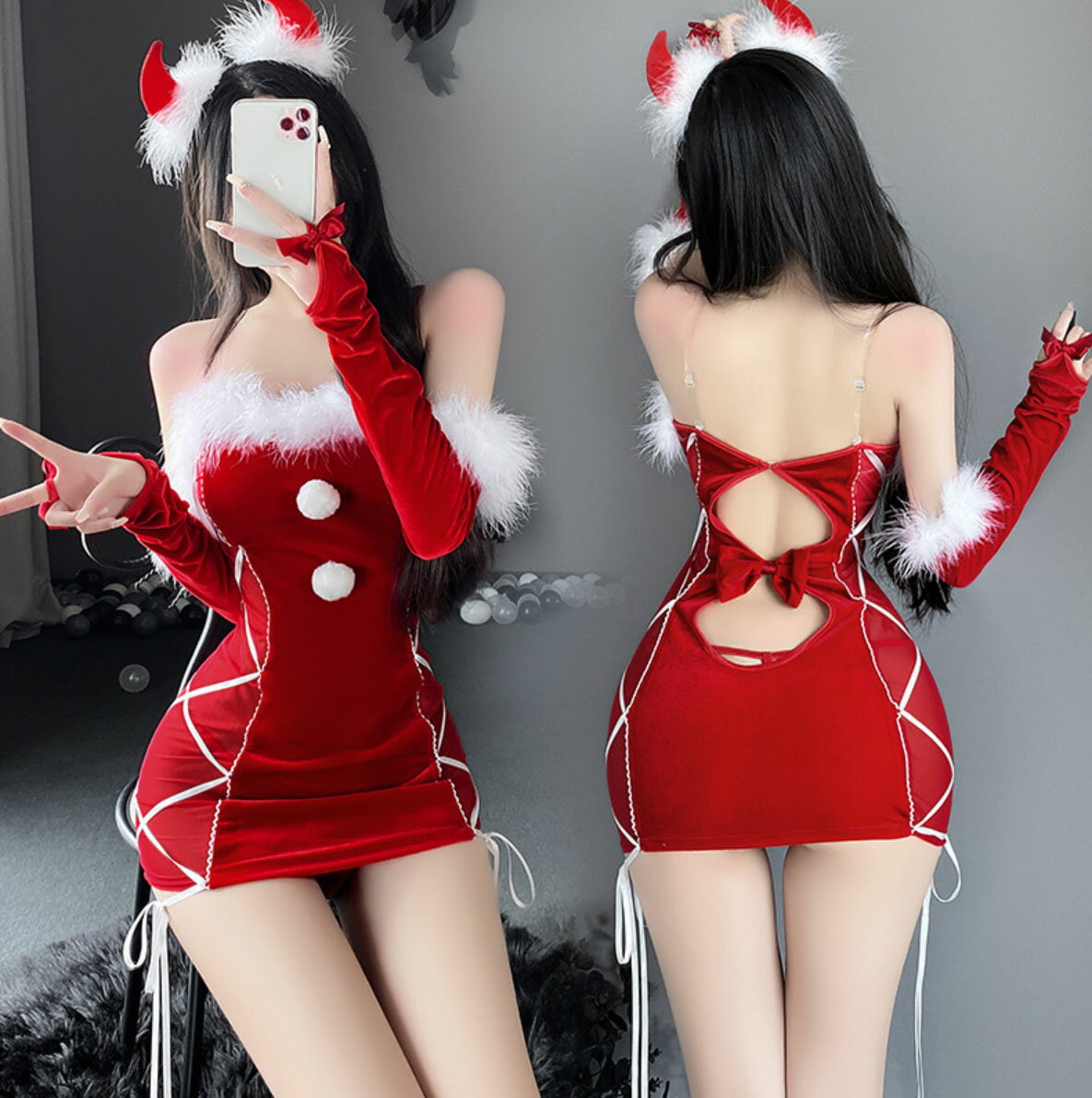 商品詳細 レディースサンタコス　クリスマス衣装 内容 01：ワンピース（肩紐）＋手袋＋カチューシャ＋Tバック 02：トップス＋スカート＋Tバック＋カチューシャ＋腕飾り＋ネックレス＋タイツ 03：ワンピース＋Tバック＋手袋＋タイツ（髪飾りなし...