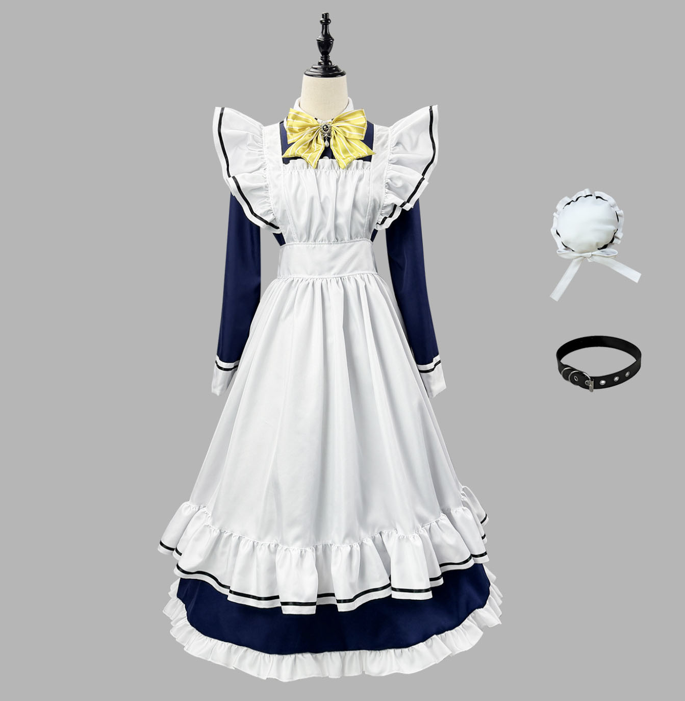 商品詳細 レディース長袖ロング丈メイド服　メイドコスチューム 内容 ワンピース、エプロン、蝶リボン、髪飾り、レッグリング サイズ（cm） S：バスト82　ウエスト66　着丈約112　身長152-160　体重37-43KG M：バスト86　ウ...