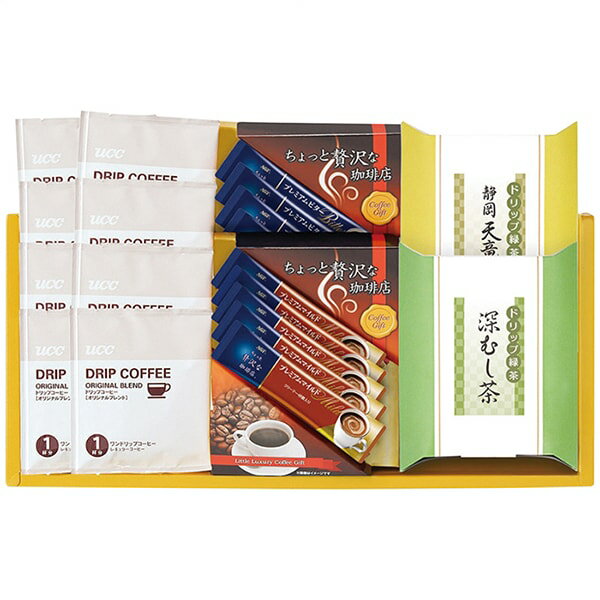 ●商品名/ドリップコーヒー 緑茶 ギフトセット ADB-40●商品内容/天竜茶(3g×4)・深むし茶(3g×4)×各1、UCCドリップコーヒーオリジナルブレンド7g×8、AGFコーヒープレミアム(マイルド7g×5、ビター7g×4)●箱サイズ...