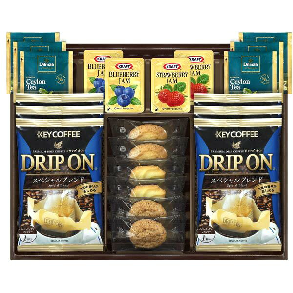 ●商品名/ドリップコーヒー & セイロンティーと3種類のクッキー 詰め合わせ ギフトセット KDR-30●商品内容/キーコーヒ−ドリップオン8g×6、プチクッキー(リング・ペカン・カシュー)×各2、ディルマ セイロンティー 2g×6、ジャム...