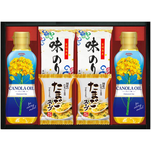 ●商品名/SHOWA キャノーラ油 & のり たまごスープ 詰め合わせ ギフトセット SOC-30●商品内容/キャノーラ油 300g×2、有明海産味付のり(8切5枚)×2、たまごスープ6.4g×2●箱サイズ/約22.1×30.7×6.5cm...