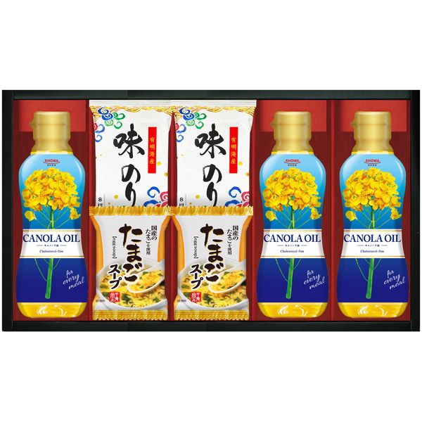 ●商品名/SHOWA キャノーラ油 & のり たまごスープ 詰め合わせ ギフトセット SOC-40●商品内容/キャノーラ油 300g×3、有明海産味付のり(8切5枚)×2、たまごスープ6.4g×2●箱サイズ/約22.1×38.6×6.5cm...
