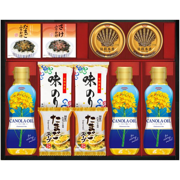 ●商品名/SHOWA キャノーラ油 & のり たまごスープ 詰め合わせ ギフトセット SOC-70●商品内容/キャノーラ油 300g×3、有明海産味付のり(8切5枚)×2、たまごスープ6.4g×2、たまごふりかけ(2.5g×3)、さけふりか...