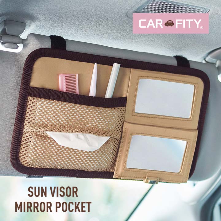 商品名 CARFITY サンバイザーミラーポケット 材質 ポリエステル・ガラス・磁石 サイズ(約) 本体：15.5×26.5×厚1.5cm ミラー：4.5×8.5cm(1面) 取付け可能サイズ(約) サンバイザーの留め具と留め具の間が20c...