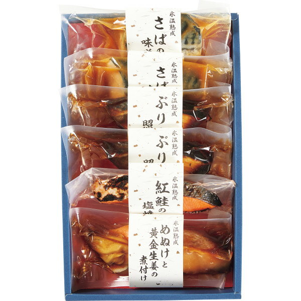 簡単便利な煮魚焼き魚の詰め合わせです。氷温熟成で製法にもこだわりましためぬけと黄金生姜の煮付け100g×1、さばの味噌煮90g×2、紅鮭の塩焼き60g×1、ぶりの照焼き90g×2※アレルギー：小麦、さけ、さば、大豆化粧箱入パッケージサイズ：...