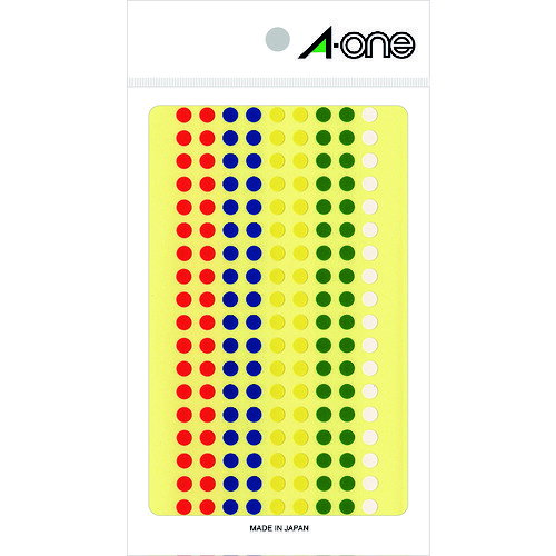 特長 ●豊富なカラーで識別に便利な丸型のラベルです。 用途 ●シートサイズ90mm×150mm ●ラベルサイズ5mmφ180面7シート1260片入 仕様 ●色：赤・青・黄・緑・白 ●面付：9列×20段(180片) ●1パック内：1260片 ...