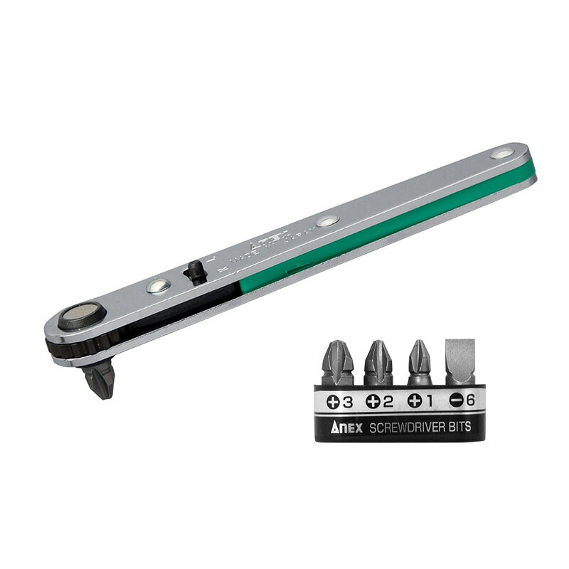 ●狭い箇所でのねじ回しに ●超短ビット採用で超薄型ヘッド21mm ●全長19mm超短ビット ●持ち手を変えず、左右の反復回し動作でネジを回せるラチェット機構 ●ストレート型 ●ギア枚数： 16枚 ●セット内容： マイナス超短ビット:−6、プ...