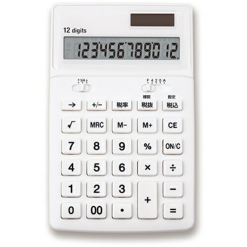 特長 ●最近の増殖を抑制する抗菌タイプの電卓です。 ●傾斜角度を変えられるチルト機能で見やすい角度に調節可能。 仕様 ●桁数：12 ●縦(mm)：172 ●横(mm)：106 ●厚さ(mm)：25 ●色：ホワイト 材質 ●本体：ABS 質量...