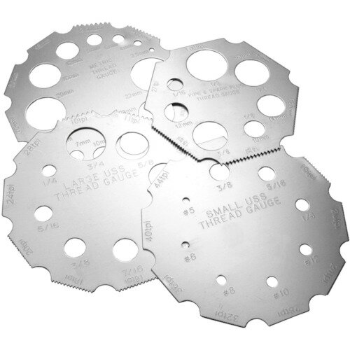 特長 ●各測定項目別に4枚の円形プレート ●プレート側面でピッチを測定でき、表面の穴でボルトサイズを測定可能 用途 ●ミリ、インチのネジピッチとボルト径、スパークプラグのサイズ測定 仕様 ●枚数(枚)：4 ●パイプ、スパークプラグゲージ仕様...