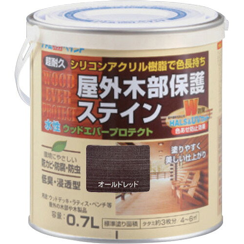 特長 ●シリコンアクリル樹脂にHALS（紫外線劣化防止剤）とUV吸収剤を配合した高性能木部保護塗料です。 用途 ●ウッドデッキ、ラティス、木製家具、木製ベンチなどの屋外木部に。 仕様 ●色：オールドレッド ●容量(L)：0.7 ●乾燥時間：...