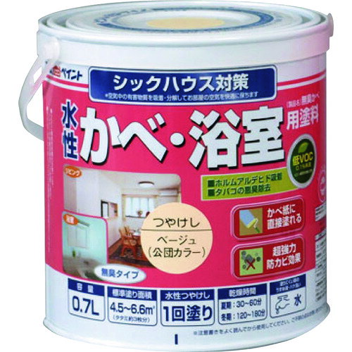 特長 ●超強力防カビ剤配合なので、カビの気になる室内かべにお奨めです。 ●塗料に含まれるVOC（揮発性有機化合物）は0.1％以下ですので、高い安全性を有しています。 ●かべ紙（ビニルクロス）に直接塗れます。 ●シックハウスの原因とされるホル...