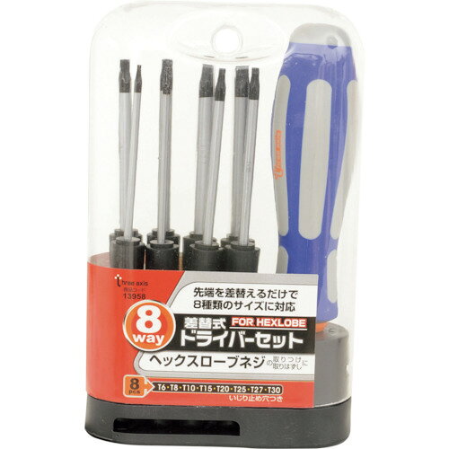 特長 ●先端部を差替えるだけで8種類のサイズに対応します。 仕様 ●セット内容(点)：8 質量・質量単位 ●300.0g 【メーカー名】（株）イチネンアクセス　ツール事業部 【メーカー品番】13958