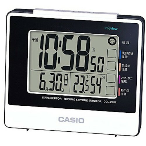 特長 ●温度・湿度計測付きスヌーズ機能付き電子音アラーム付電波クロックです。 ●生活環境お知らせ 仕様 ●幅(mm)：115.0 ●奥行(mm)：50.0 ●高さ(mm)：104.0 ●電源：単三マンガン乾電池×2 ●電池寿命：約1年 ●色...