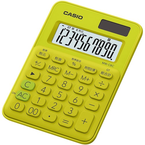 特長 ●ミニミニジャストタイプのカラフル電卓 用途 ●毎日がもっとワクワクするポップでキュートなカラフル電卓8桁ミニジャストタイプ 仕様 ●桁数：10 ●縦(mm)：120 ●横(mm)：85.5 ●厚さ(mm)：19.4 ●色：ライムグリ...