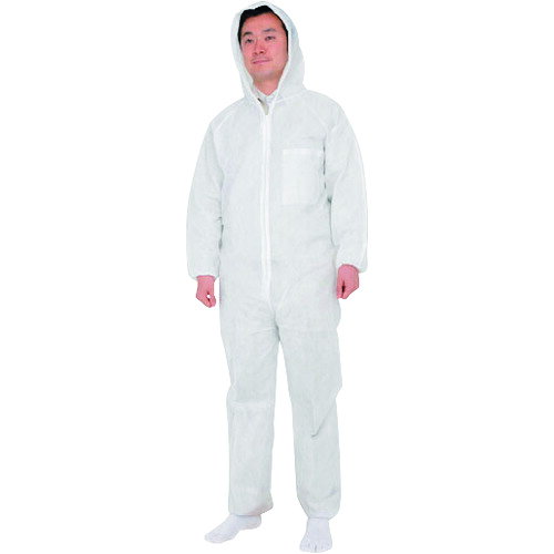 特長 ●軽くて通気性のある不織布のつなぎ服です。 ●撥水性があります(防水性はありません)。 ●前面ファスナー仕様です。 用途 ●ペンキ塗装作業。 ●車・機械などの修理点検作業。 ●掃除等ホコリや汚れが気になる作業。 仕様 ●色：ホワイト ...