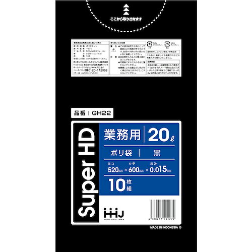 特長 ●ポリ袋です。 用途 ●保管やごみ捨てに。 仕様 ●容量(L)：20 ●厚さ(mm)：0.015 ●色：黒 質量・質量単位 ●1.0g 【メーカー名】ハウスホールドジャパン（株） 【メーカー品番】GH22