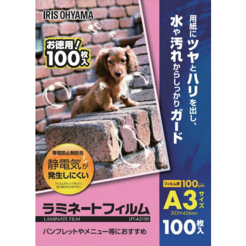 特長 ●帯電防止のラミネートフィルムです。 用途 ●ラミネート加工に。 仕様 ●サイズ：A3サイズ用 ●フィルムサイズ縦(mm)：426 ●フィルムサイズ横(mm)：303 ●厚さ(μm)：100 材質 ●ポリエステル 質量・質量単位 ●3...