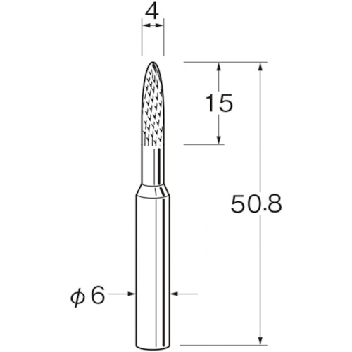 特長 ●使いやすい形状で、耐久性と切れ味に優れています。 ●（刃径φ6.0以下はオール超硬です。 ●） 用途 ●金属・非金属の研削・バリ取りなどに。 仕様 ●刃径(mm)：4 ●刃長(mm)：15 ●軸径(mm)：6 ●全長(mm)：50....