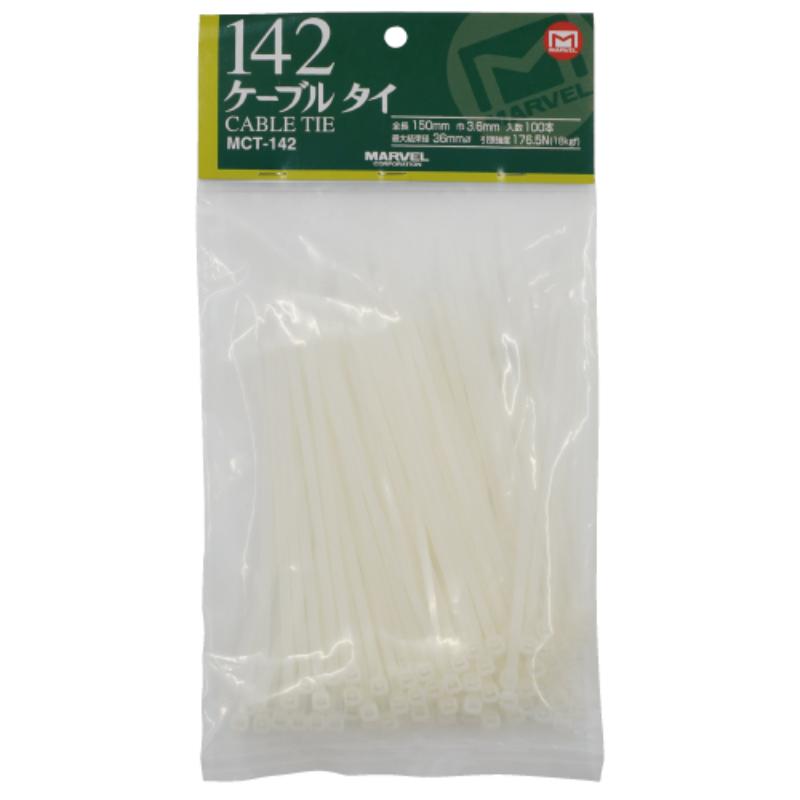 ●長さ： 150mm ●最大結束径φ： 36mm ●幅： 3.6mm ●ループ引張強度： 176N（18kgf） ●入数： 100本 【メーカー名】（株）マーベル 【メーカー品番】MCT-142