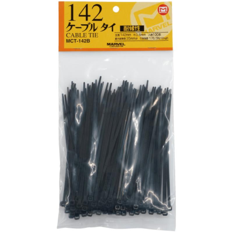 ●長さ： 142mm ●最大結束径φ： 35mm ●幅： 3.6mm ●ループ引張強度： 176N（18kgf） ●入数： 100本 【メーカー名】（株）マーベル 【メーカー品番】MCT-142B