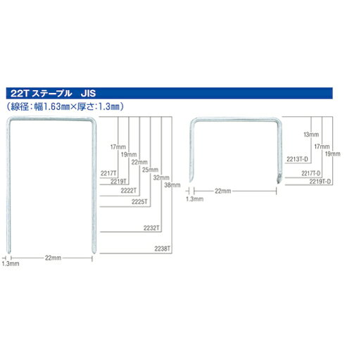 特長 ●タッカ用ステープルです。 仕様 ●肩幅(mm)：22 ●足長(mm)：17 ●タッカ用ステープル（電気亜鉛メッキ） 質量・質量単位 ●5.1kg 【メーカー名】マックス（株） 【メーカー品番】2217T(A1)