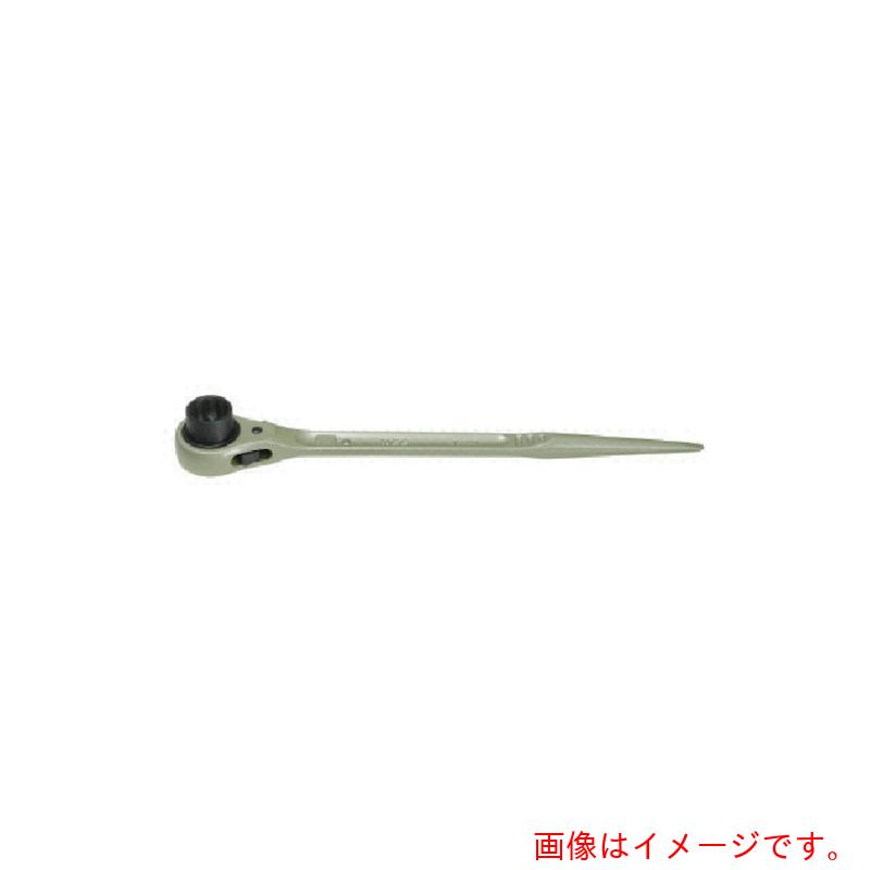 特長 ●ソケットが片側のみで薄く狭所でも使えます。 ●ハンドル先端は、鉄骨の穴合わせやワイヤロープの広げができます。 用途 ●六角ボルト・ナットなどの締め付けけに。 仕様 ●対辺寸法(mm)：24 ●対辺(mm)：24 ●片口ラチェットレン...