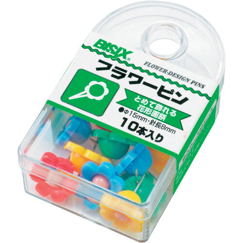 特長 ●とめて飾れる花形のカラーピンです。 仕様 ●サイズ：針長8mm、頭部15mm ●色：赤、黄、青、緑の4色アソート、 ●包装：収納便利なPSケース（フック式） ●入数：約10本 材質 ●PS樹脂 ●ステンレス針 質量・質量単位 ●24...