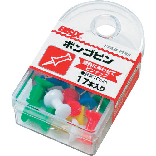特長 ●かたい面でも安心して使用できる釘式針を採用したプッシュピンです。 仕様 ●サイズ：針長10mm ●色：赤、白、青、黄、緑の5色アソート ●包装：収納便利なPSケース（フック式） ●入数：約17本 材質 ●PS樹脂 ●鋼線 質量・質量...