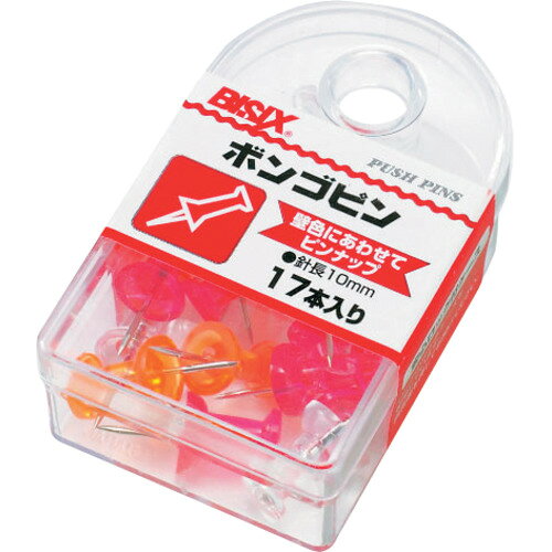 特長 ●かたい面でも安心して使用できる釘式針を採用したプッシュピンです。 仕様 ●サイズ：針長10mm ●色：クリアフルーツカラー3色アソート ●包装：収納便利なPSケース（フック式） ●入数：約17本 材質 ●PS樹脂 ●鋼線 質量・質量...