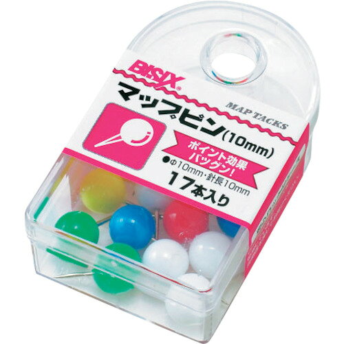 特長 ●ポイント効果抜群の直径10ミリの丸型マップピンです。 仕様 ●サイズ：頭径φ10、針長10mm ●色：赤、青、白、黄、緑の5色アソート ●包装：収納便利なPSケース（フック式） ●入数：約17本 材質 ●PS樹脂 ●鋼線 質量・質量...