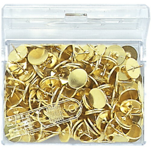 特長 ●押部が凹型の画鋲です。 ●押し易さをを追求した品質至上の画鋲です。 ●画鋲抜取器付きです。 ●寸法：頭径11mm、針長7mm ●包装：収納可能なPSケース ●メッキ：表面真鍮メッキ(ゴールド) ●入数：約130本 材質 ●圧延鋼板 ...