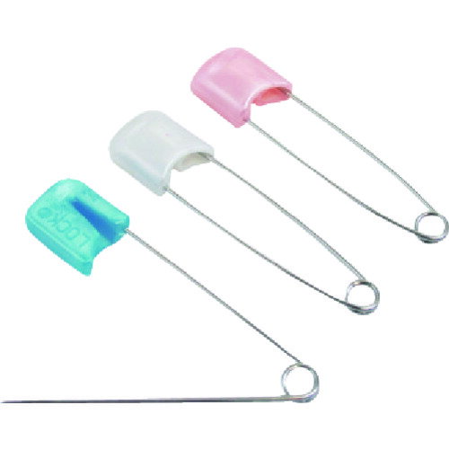 特長 ●針が勝手に飛び出ないセーフティーダブルロック機構です。 ●パールカラーがおしゃれです。 仕様 ●縦(mm)：54 ●横(mm)：8 ●色：パール調ブルー，ピンク，ホワイト各2本入 材質 ●留め具:PS樹脂 ●針:ステンレス 質量・質...