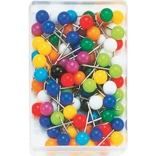 特長 ●直径5ミリの丸型画鋲です。 ●地図などのポイント表示に便利です。 仕様 ●色：黒・青・緑・水・黄緑・橙・赤・紫・白・黄の10色アソート ●寸法(mm)：頭径Φ5mm、針長10 ●包装：収納便利なPSケース入り ●入数：約85本 材質...